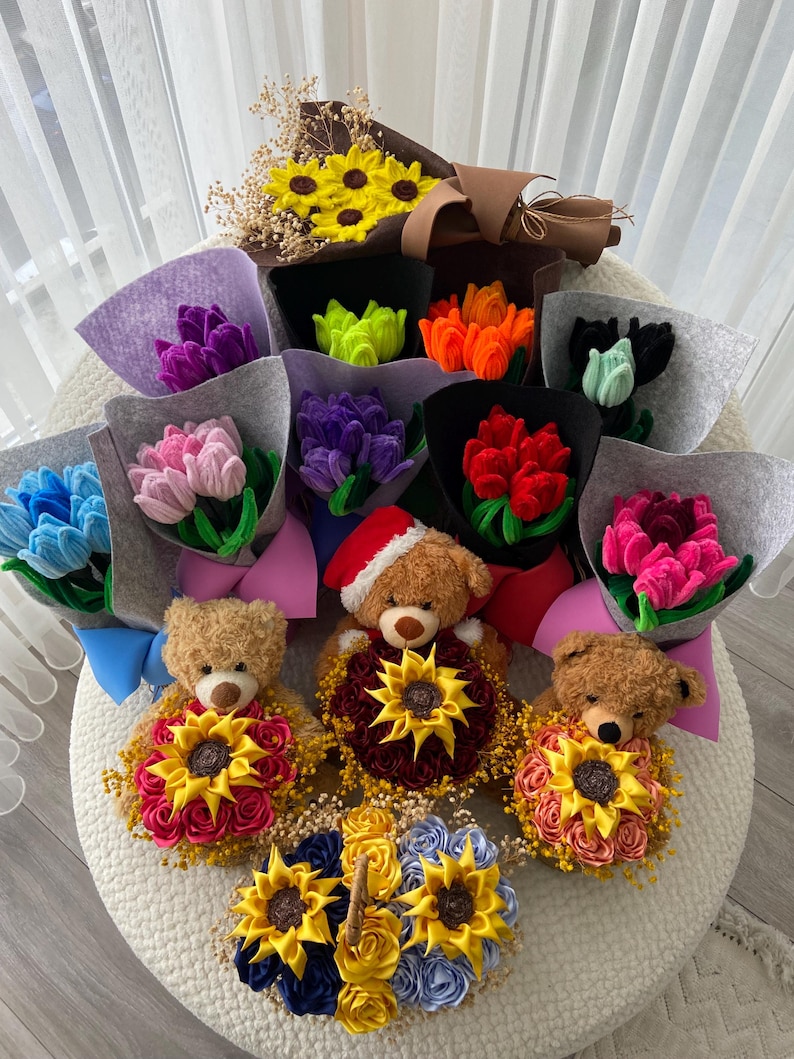Teddy Bear Flower Arrangement: Handmade Pink Satin Roses & Sunflower ...