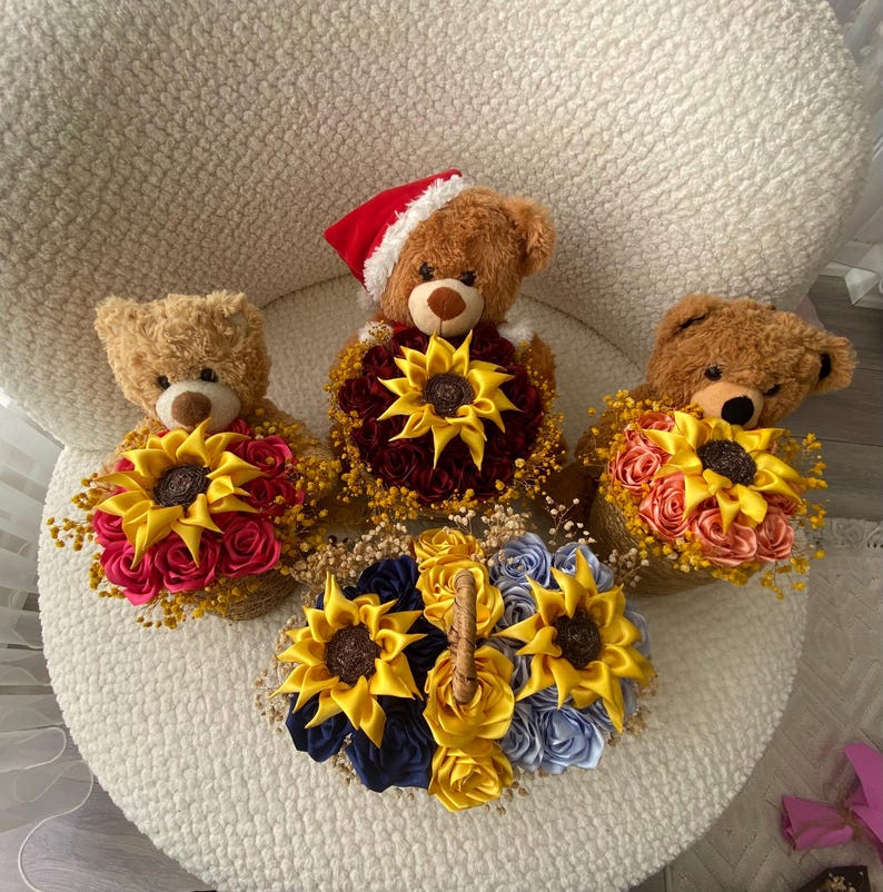 Teddy Bear Flower Arrangement: Handmade Pink Satin Roses & Sunflower ...