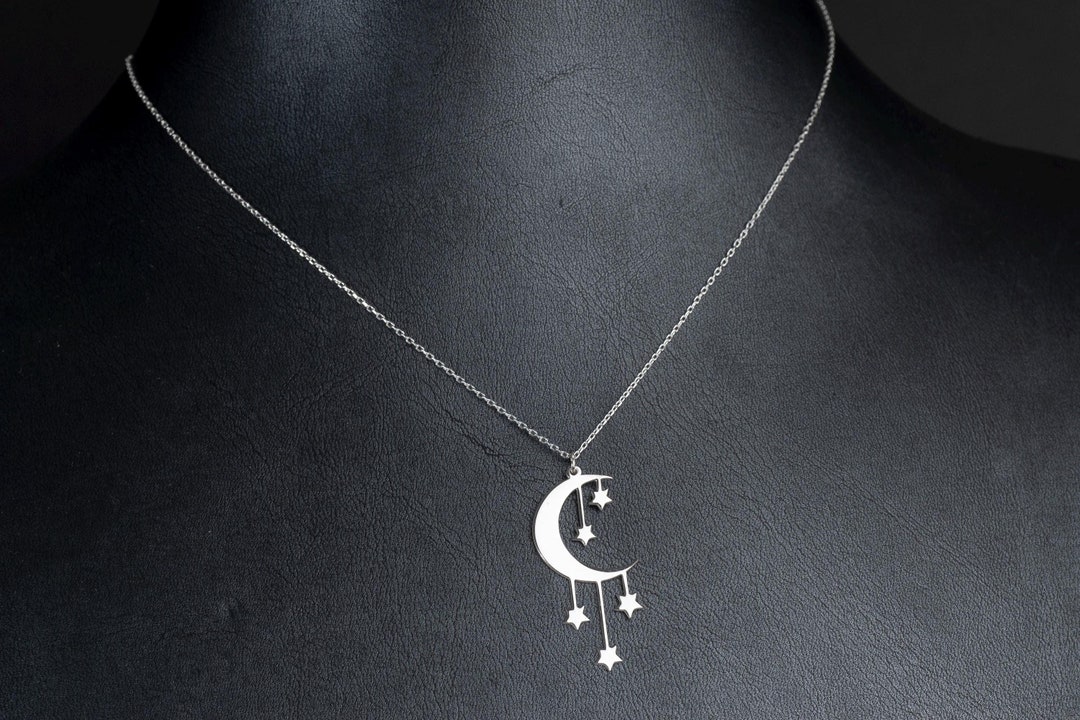 925 Sterling Silver Moon Stars Necklace, Celestial Jewelry, Crescent ...