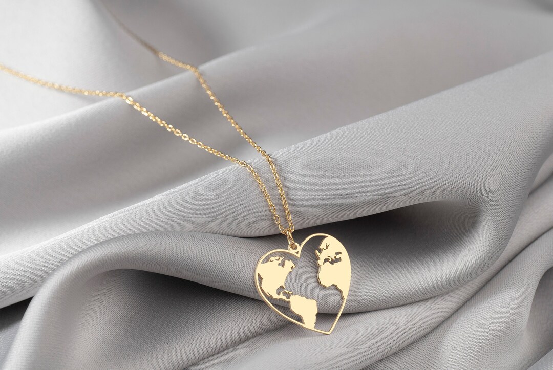 Earth Necklace, Heart Necklace, World Map Necklace, World Pendant ...