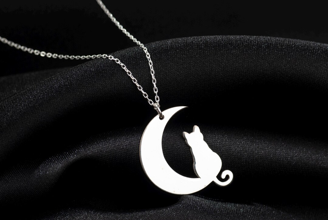 Personalized Cat & Moon Necklace, Cat Lover Gift, Kitten Pendnat ...