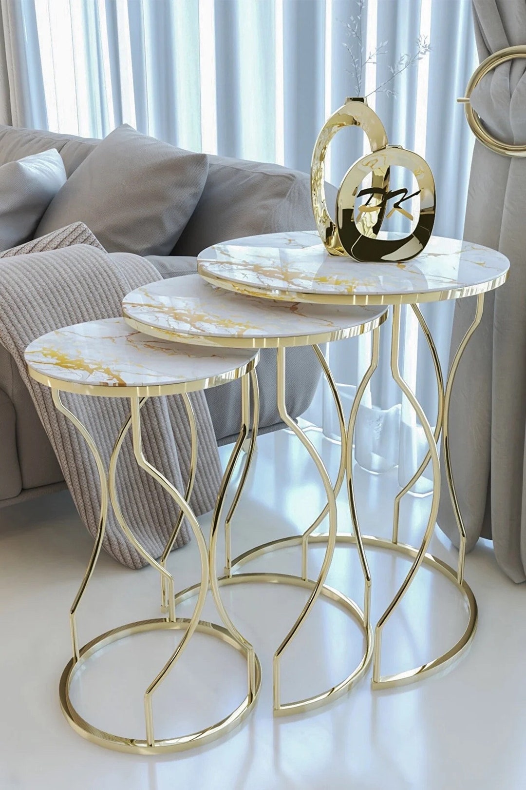 High Gloss Set of 3 Coffee Nest Tables Side End Table Marble Effect Gold & White - Etsy UK
