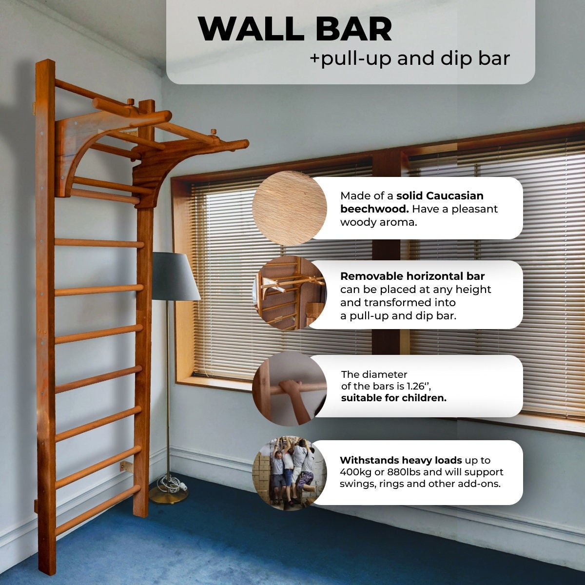 Swedish Ladder, Wall Stall Bars for Kids and Adults, Solid Beech Wood ...