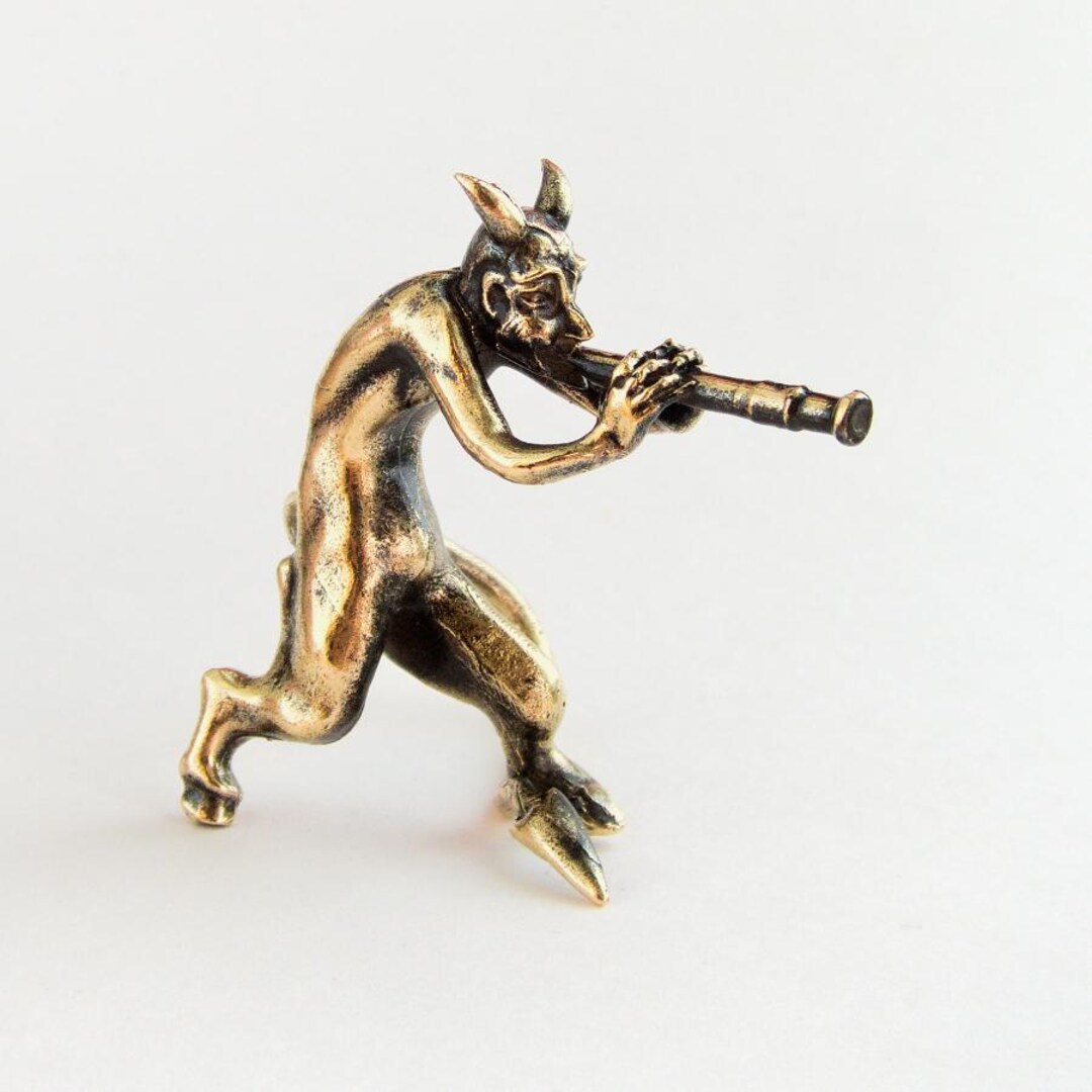 Cheerful Little Devil With Flute - Brass Figurine - Handmade Devil ...