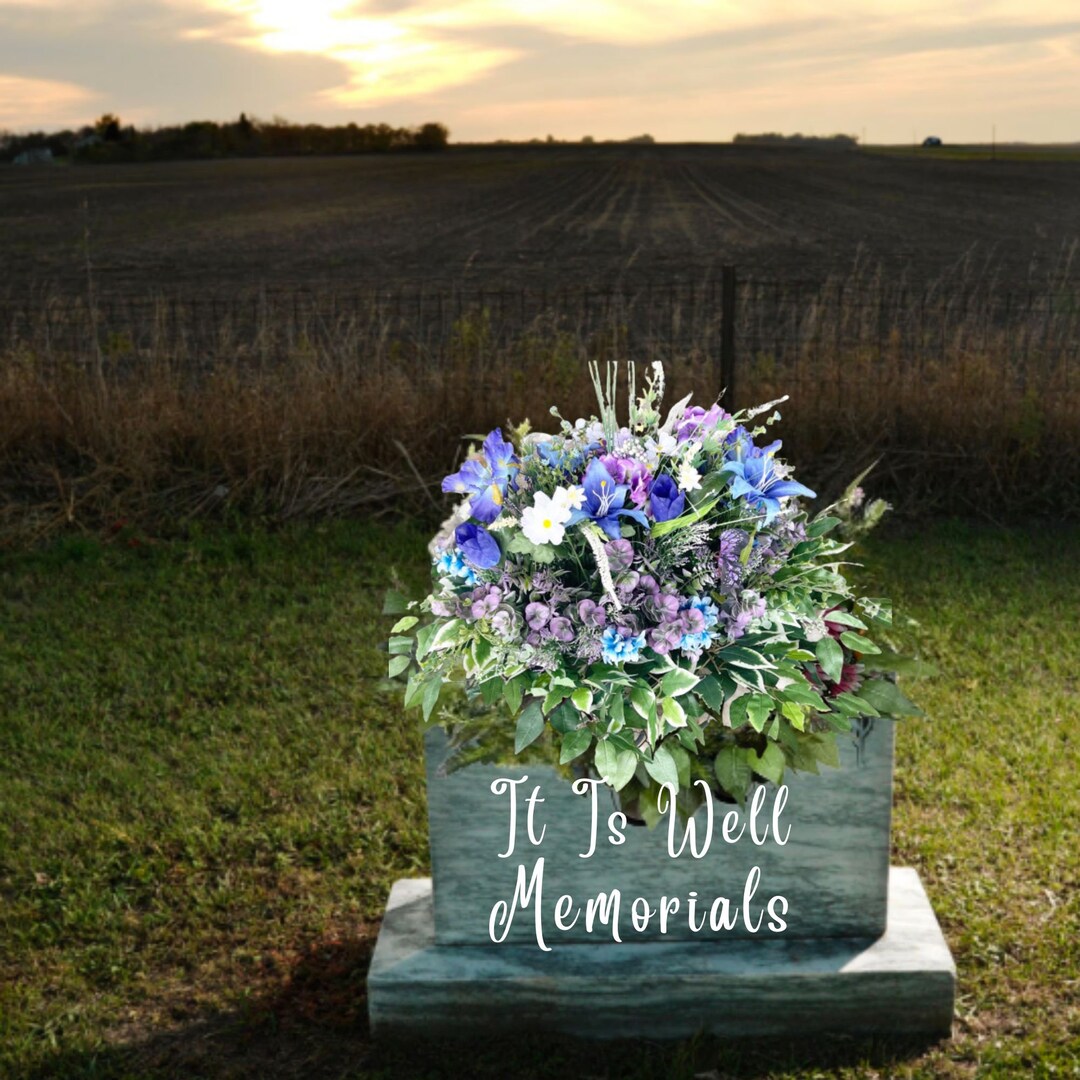 Blue and Purple Headstone Topper Graceful Memorial Remembrance Flowers ...