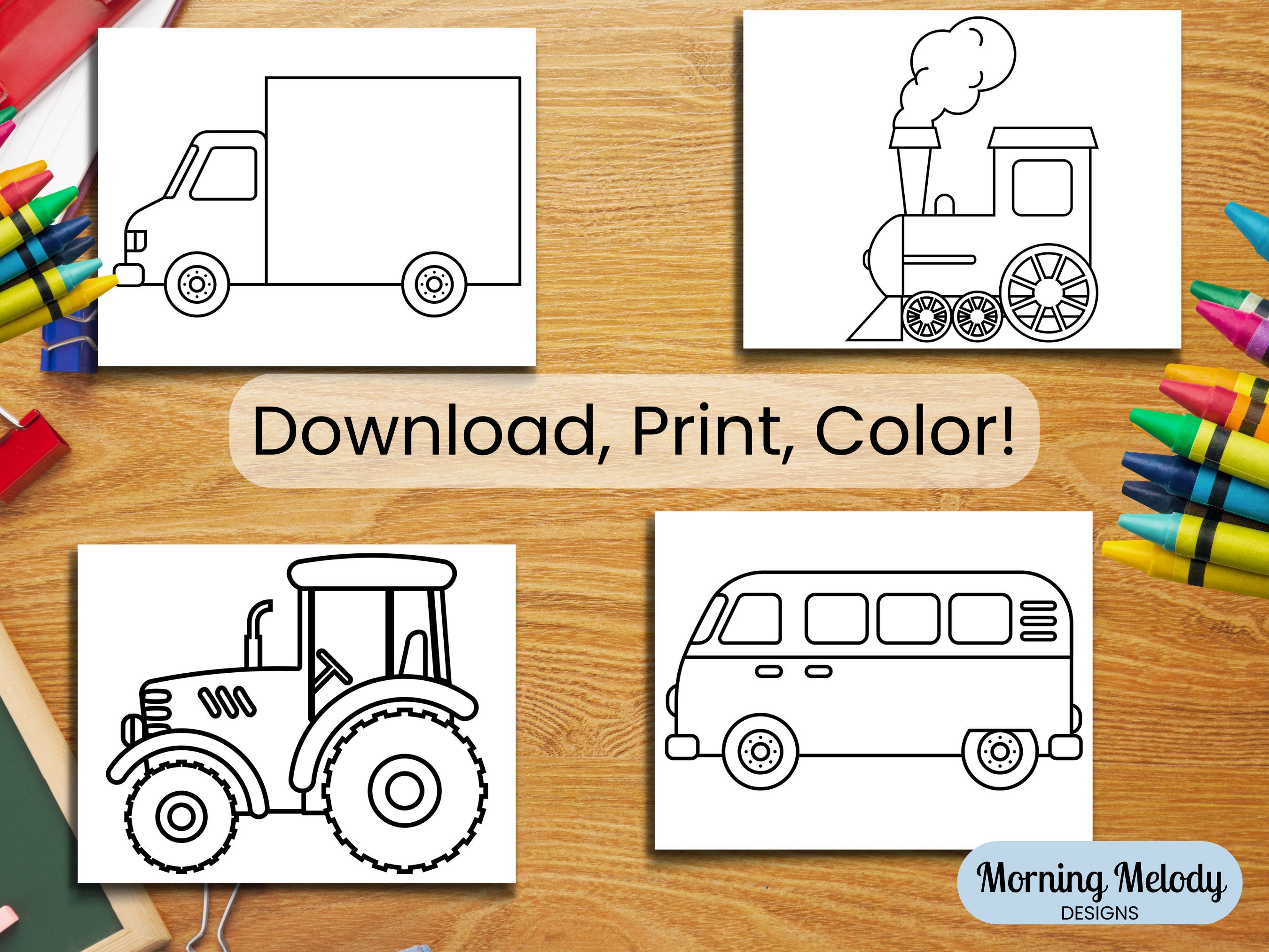 Cars, Trucks, Train Coloring Pages, Printable Preschool Activity ...
