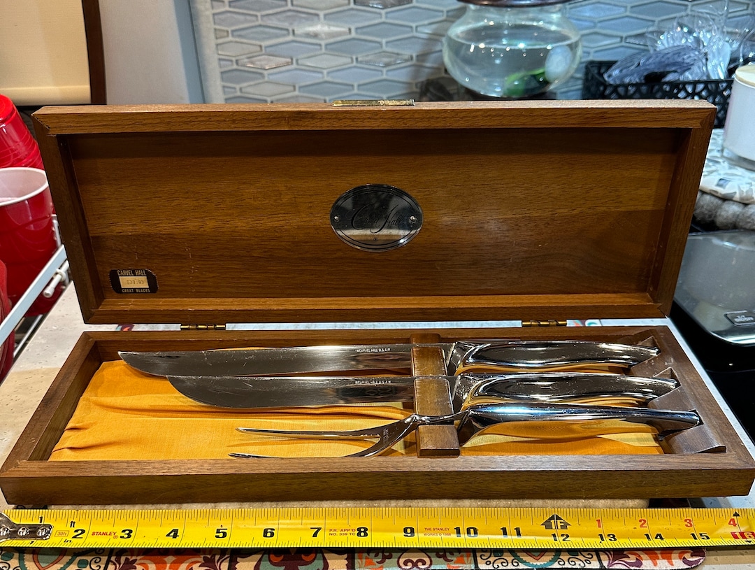 Vintage Walnut Wood Box 3pc Cutlery Carving Set by Carvel Hall ...