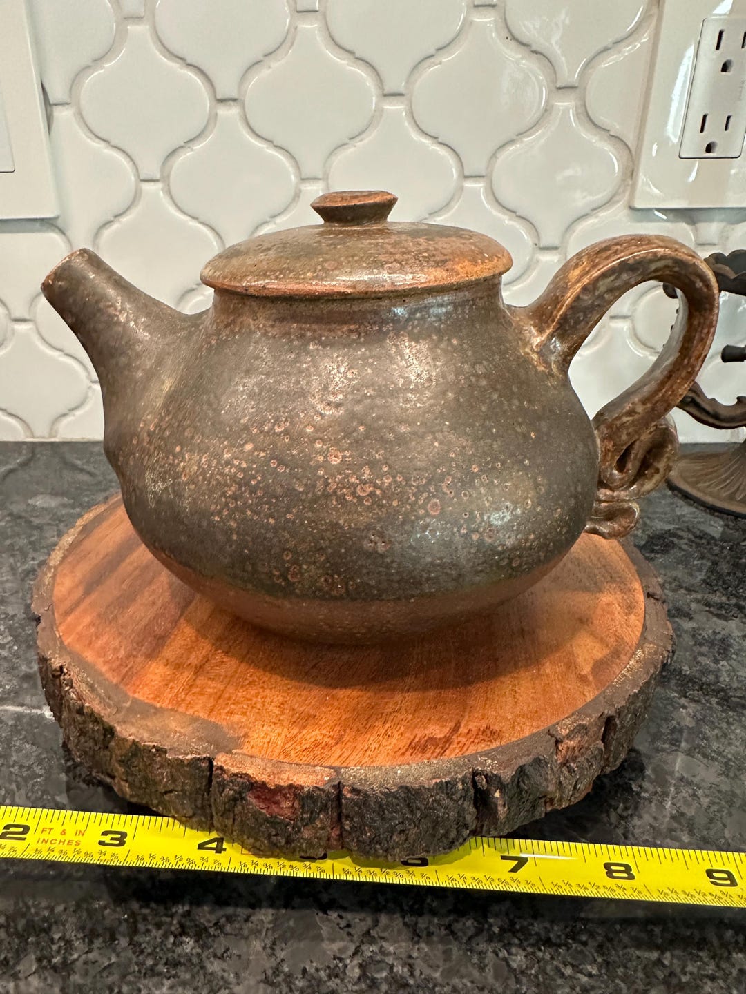 Vintage Stoneware Pottery Teapot - Unique Scroll Fold Back Handle ...