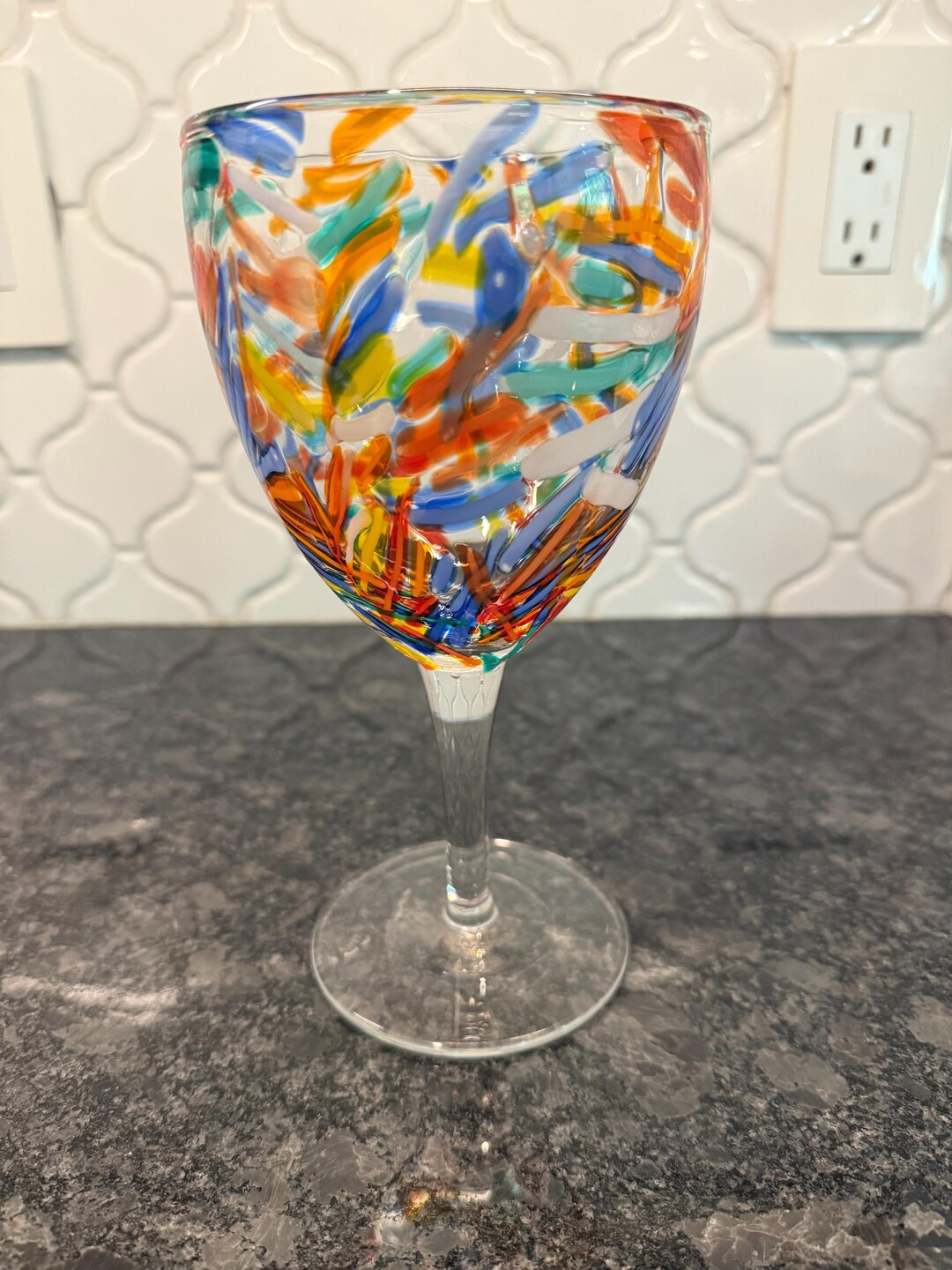 Vintage Pier 1 One Wine Glass Water Goblets Confetti Splatter Art Blown ...