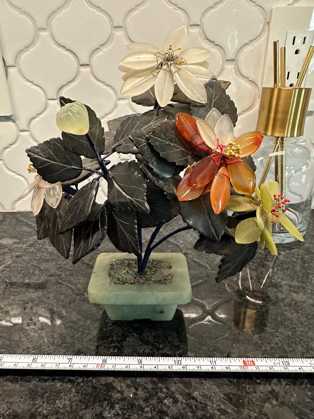 Vintage Chinese Asian Jade Bonsai Tree Carved Jade Leaves Rose Agate ...