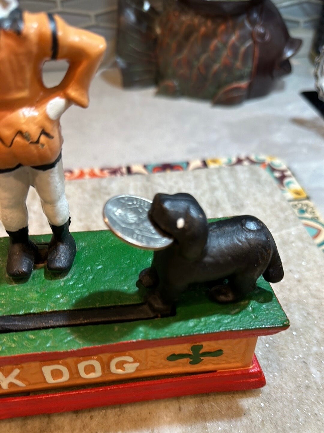 Vintage Mechanical Circus Clown Dog Bank With Brown Barrel Toy Bank Dog ...
