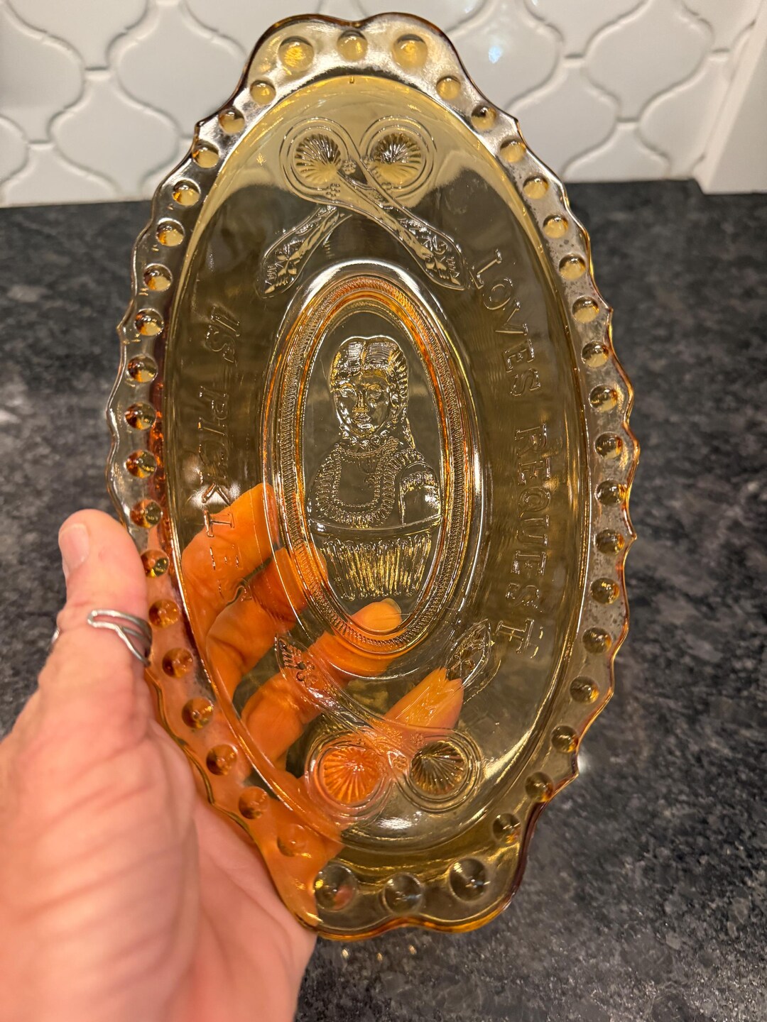 Vintage Imperial Amber Glass Pickle Dish – Actress Pattern, Kate Claxon ...