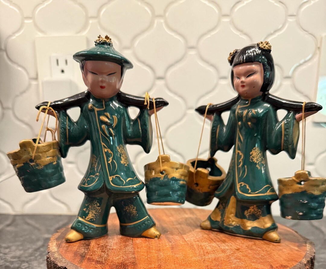 Vintage Pair of Japanese Ceramic Man & Woman Water Carrying Buckets ...