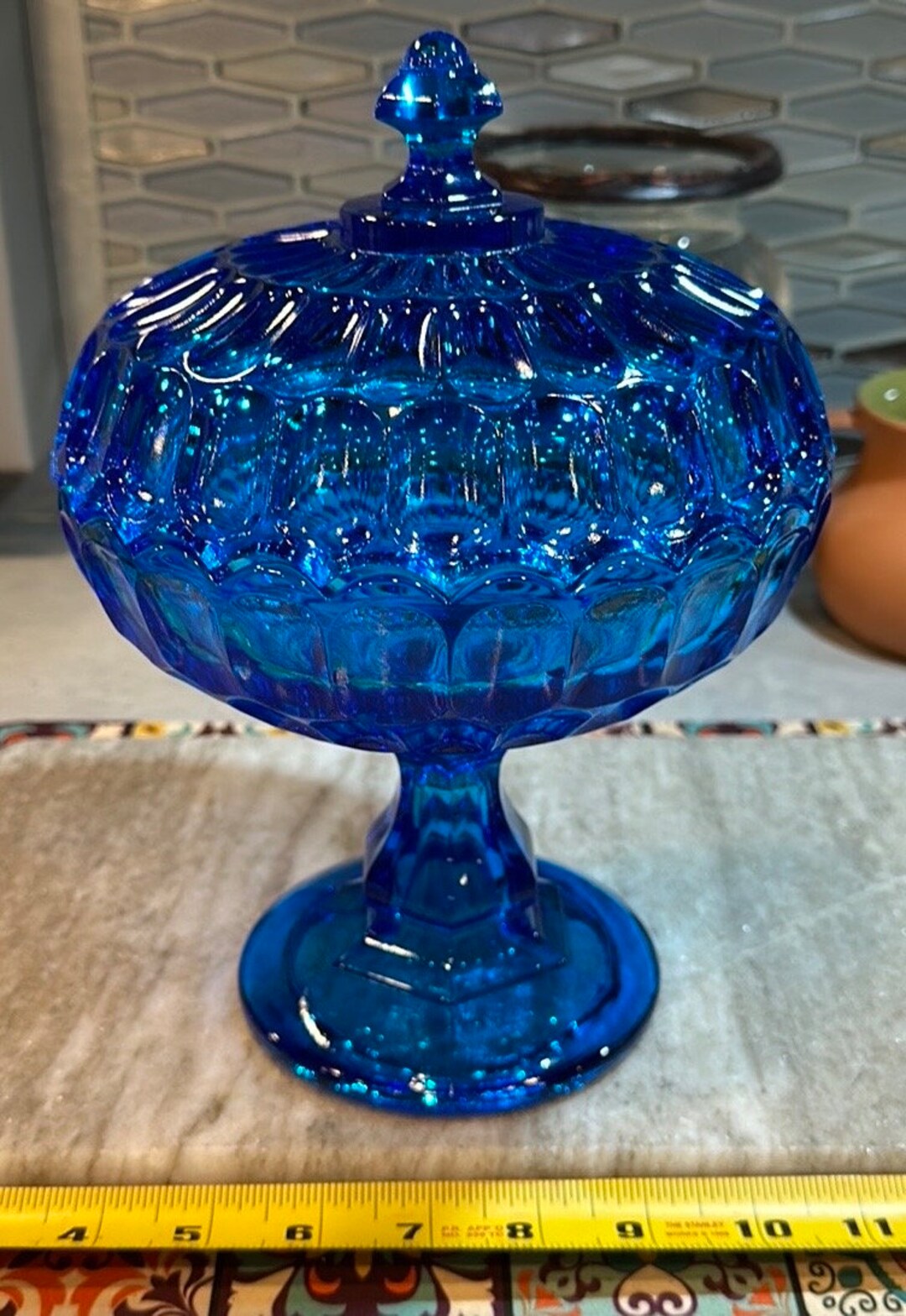 Fenton Colonial Blue Glass Thumbprint argus Compote With Lid Flint ...