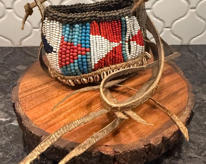 Antique Gathering (nuts/berries) Beaded Leather Basket Purse Woven W ...