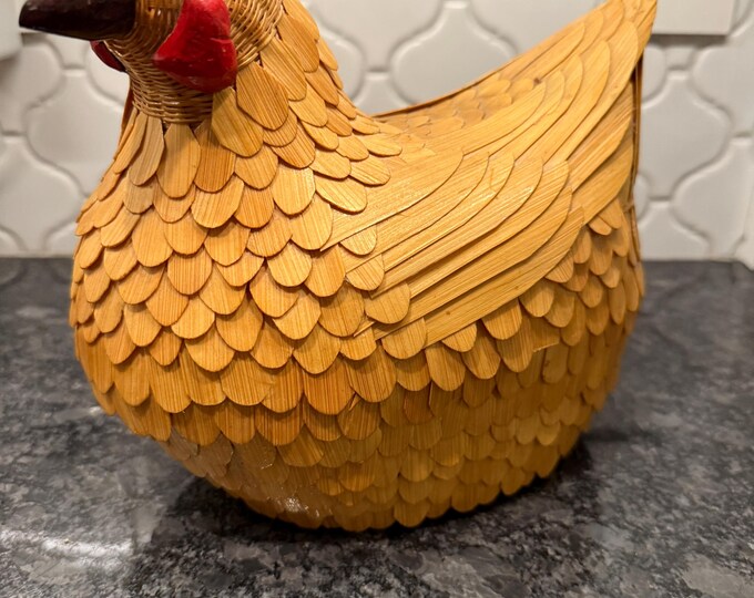 Vintage Rooster Hen Chicken Egg Basket - Woven Rattan With Wood Shingle ...