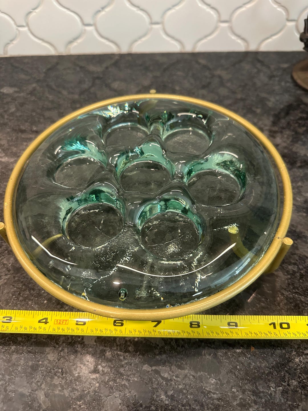 Vintage Heavy Thick Large Green Glass Candle Tealight Bowl With Gold ...