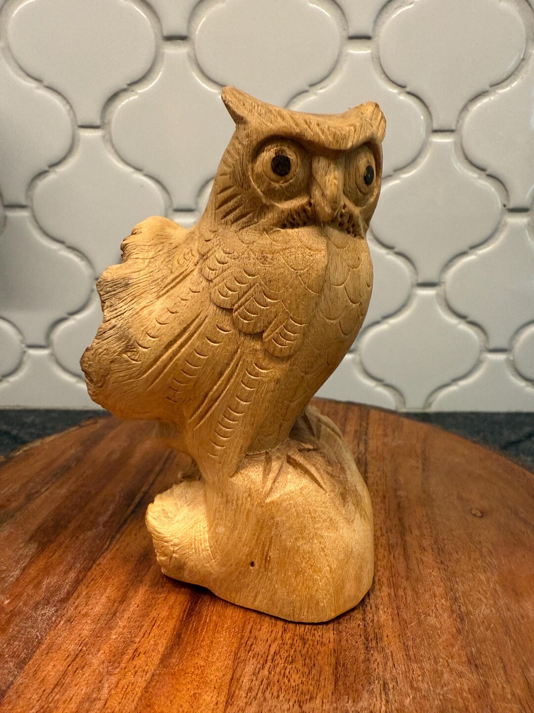 Hand-carved Wood Owl Statue Made From Root Branch - Wooden Owl - Table ...