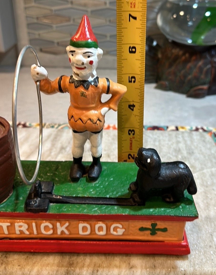 Vintage Mechanical Circus Clown Dog Bank With Brown Barrel Toy Bank Dog ...