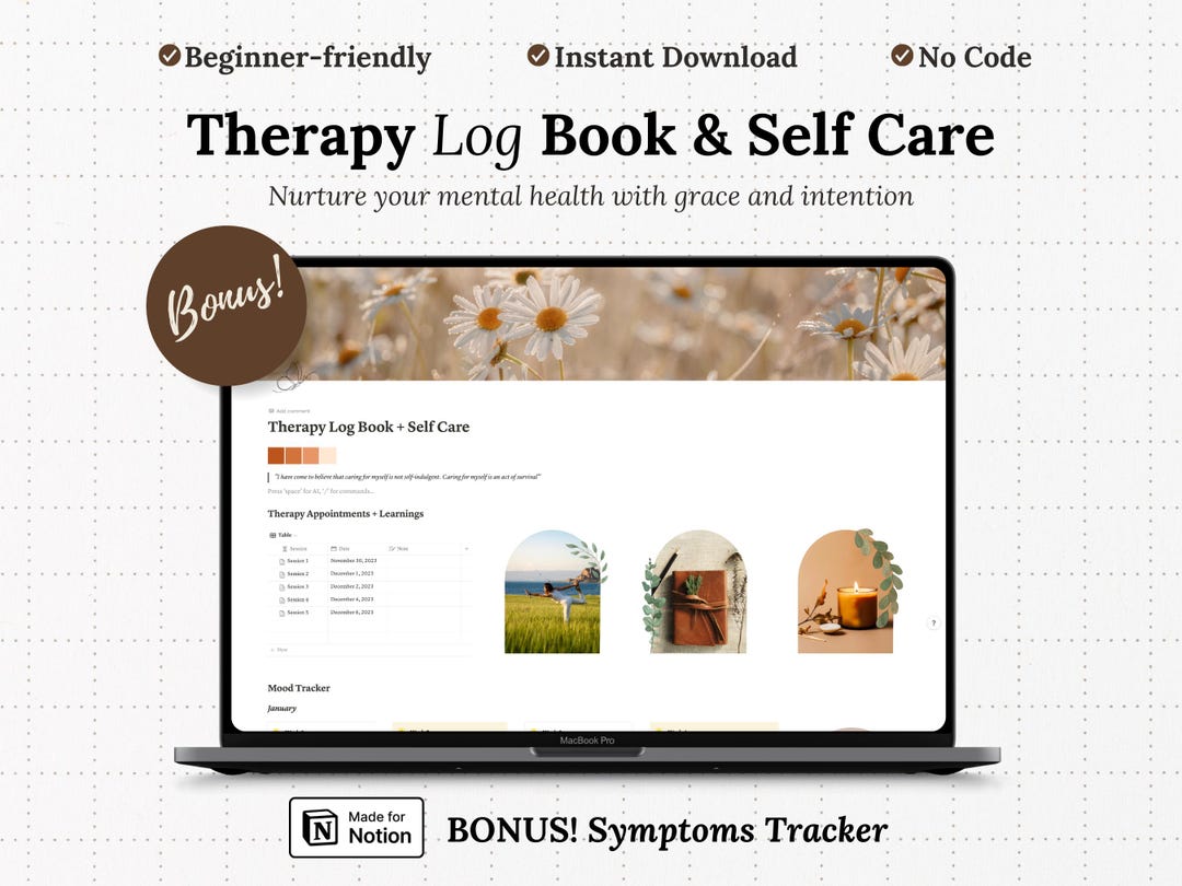 Therapy Log Book Self Care Planner Aesthetic Notion Template Mood ...