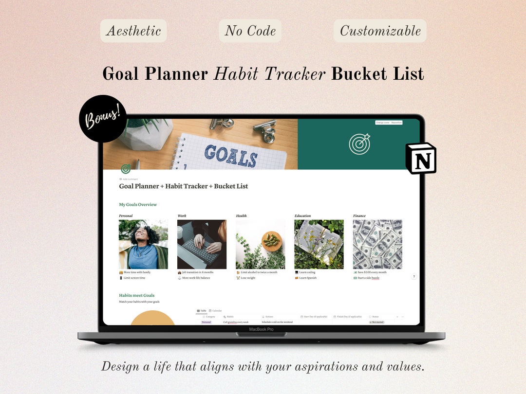 Goal Habit Tracker 2024 Aesthetic Notion Template Bucket List Vision Board No Code Simple Notion ...