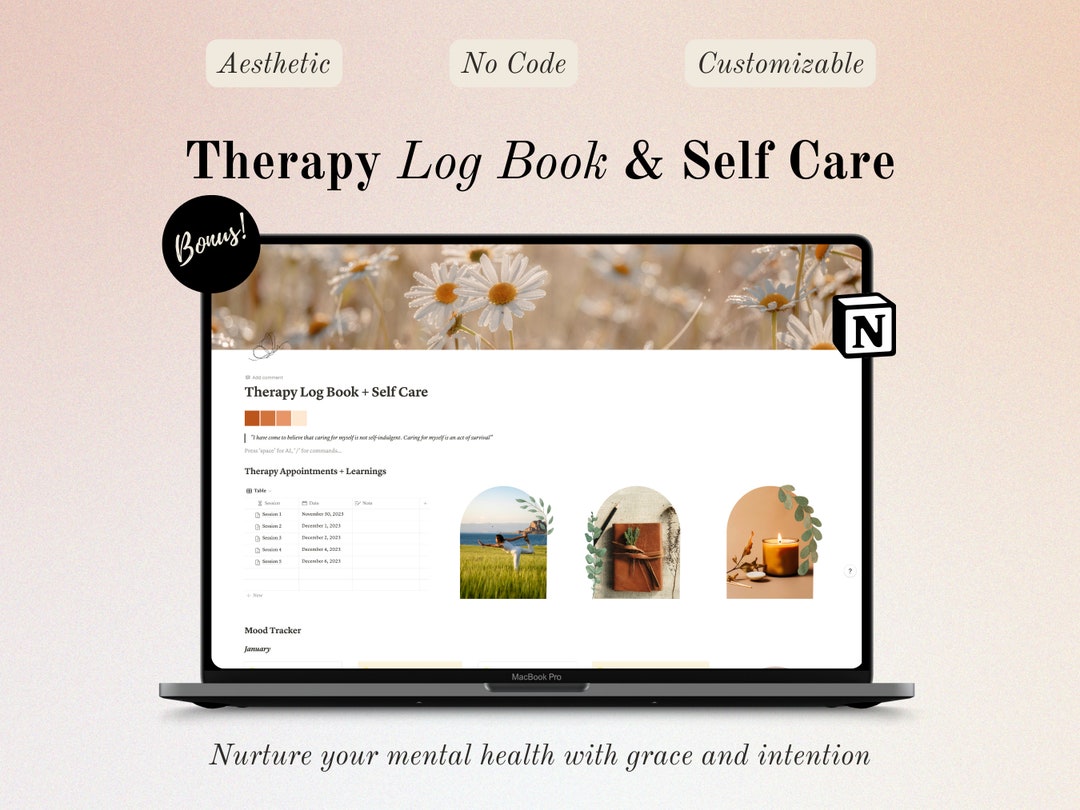 Therapy Log Book Self Care Planner Aesthetic Notion Template Mood ...