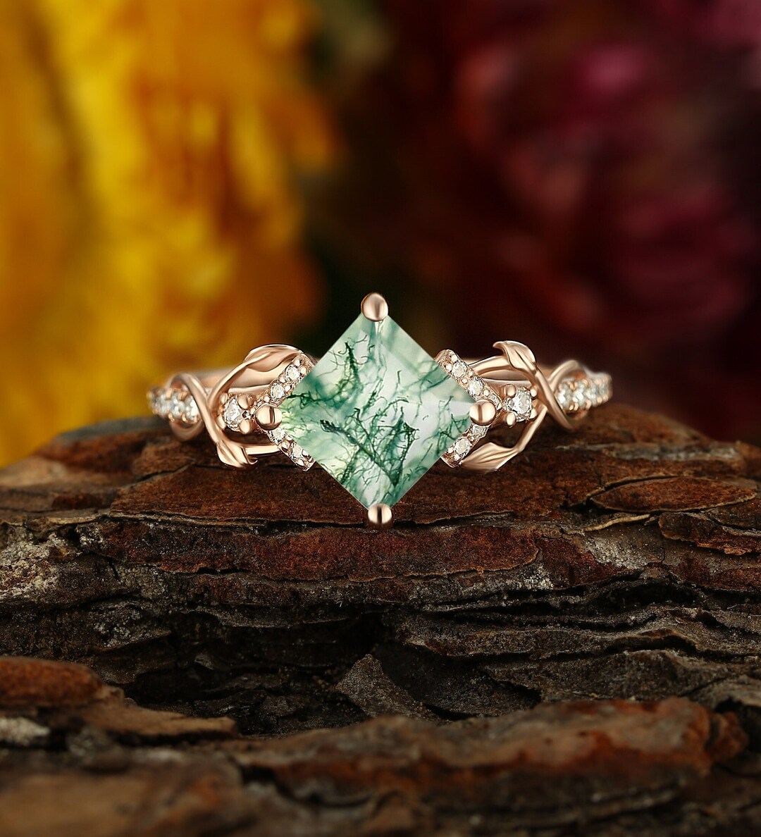 Princess Cut Moss Agate Engagement Ring Vintage Rose Gold Moissanite ...