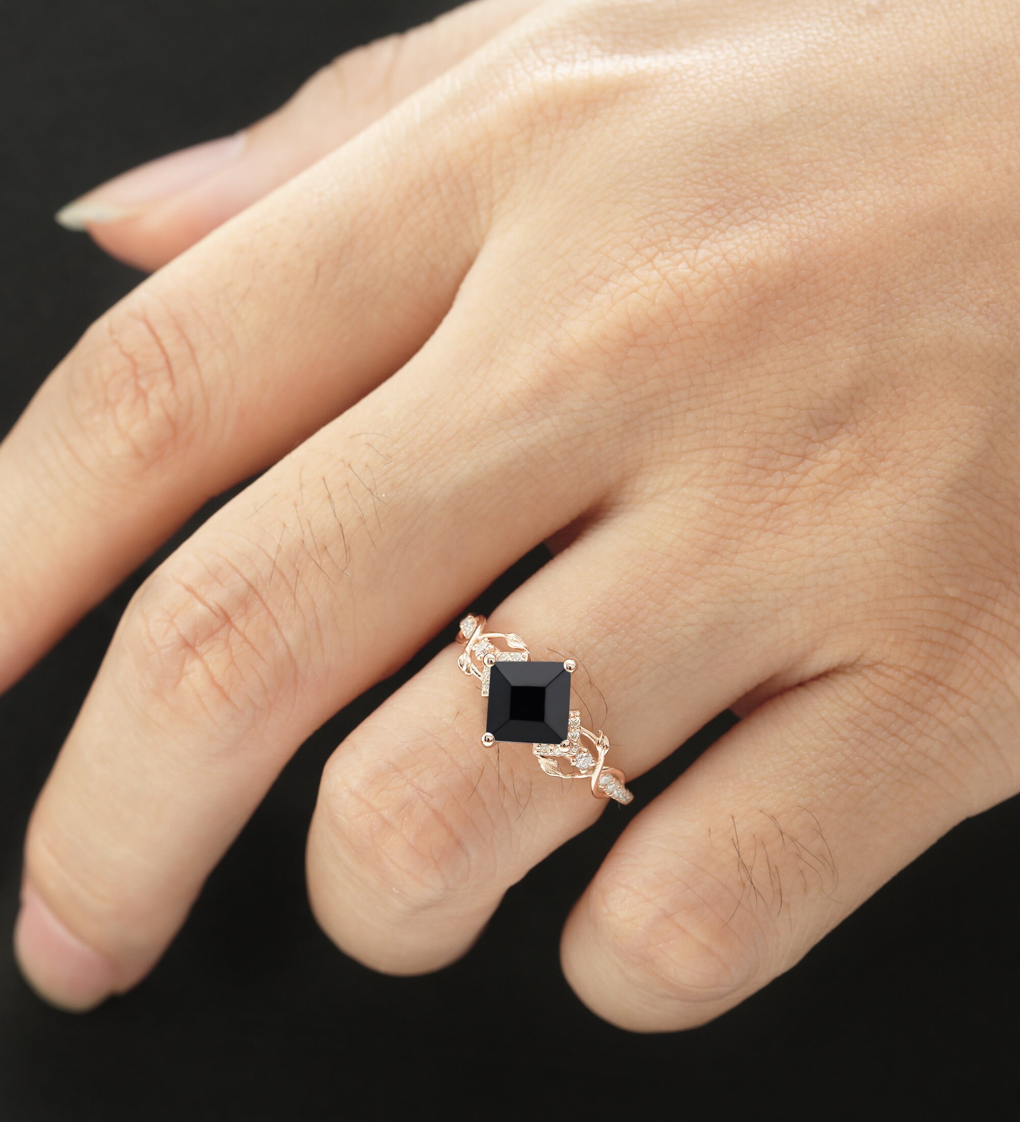 Princess Cut Black Onyx Engagement Ring, Anniversary Vintage Rose Gold ...