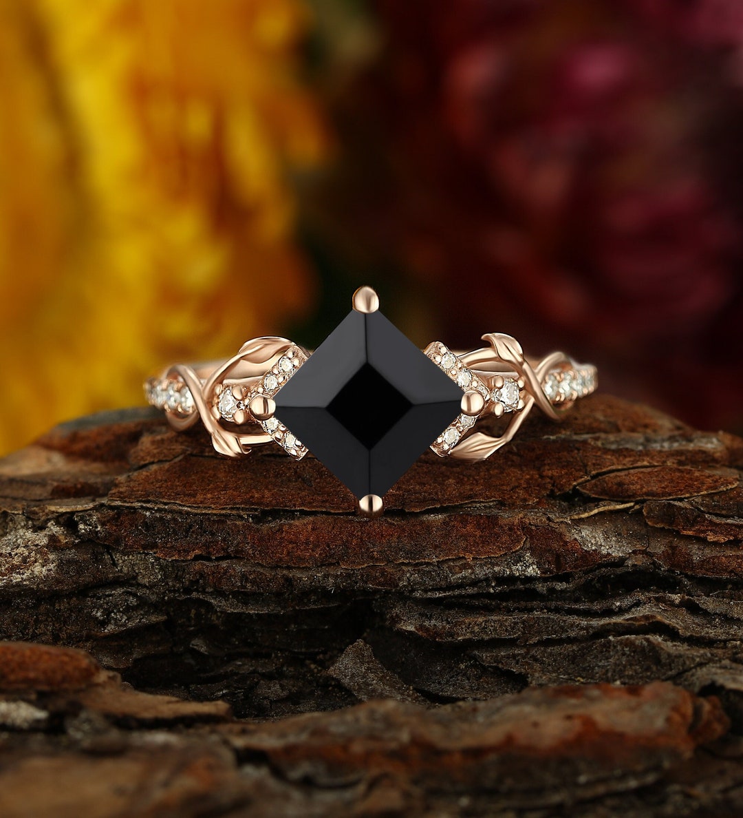 Princess Cut Black Onyx Engagement Ring, Anniversary Vintage Rose Gold ...