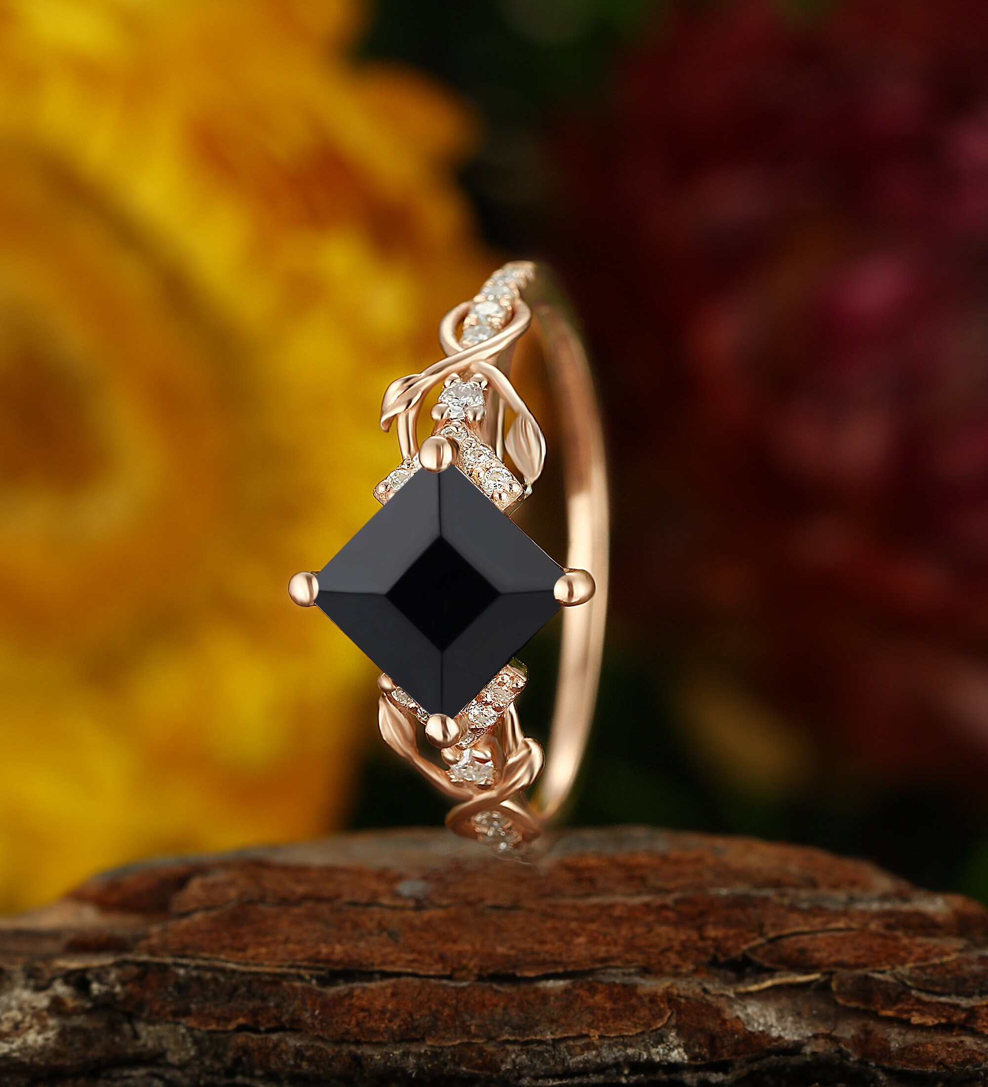 Princess Cut Black Onyx Engagement Ring, Anniversary Vintage Rose Gold ...