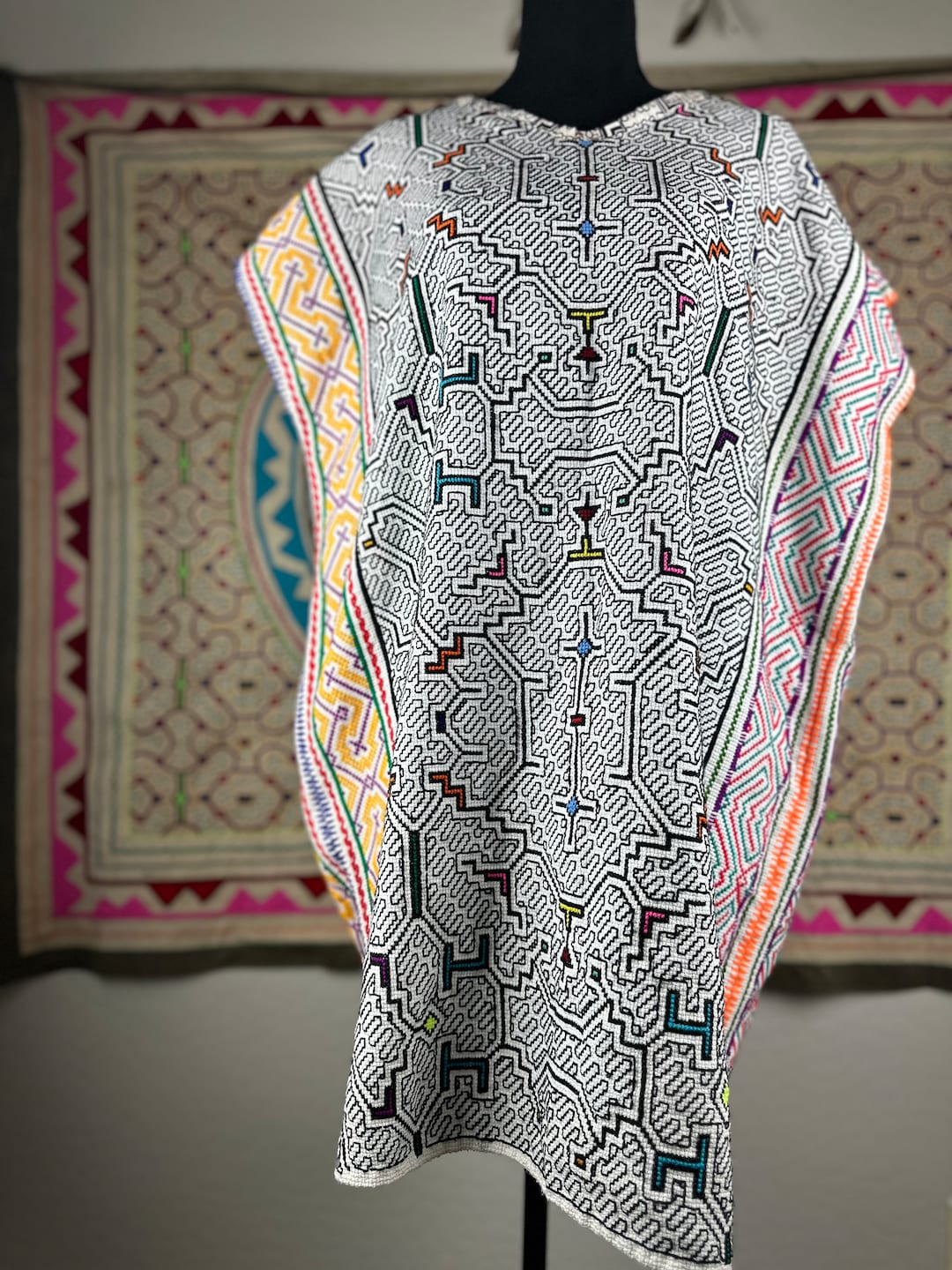 White, With Yellow Sleeve Shamanic Shipibo Handmade Ceremonial Poncho - Etsy