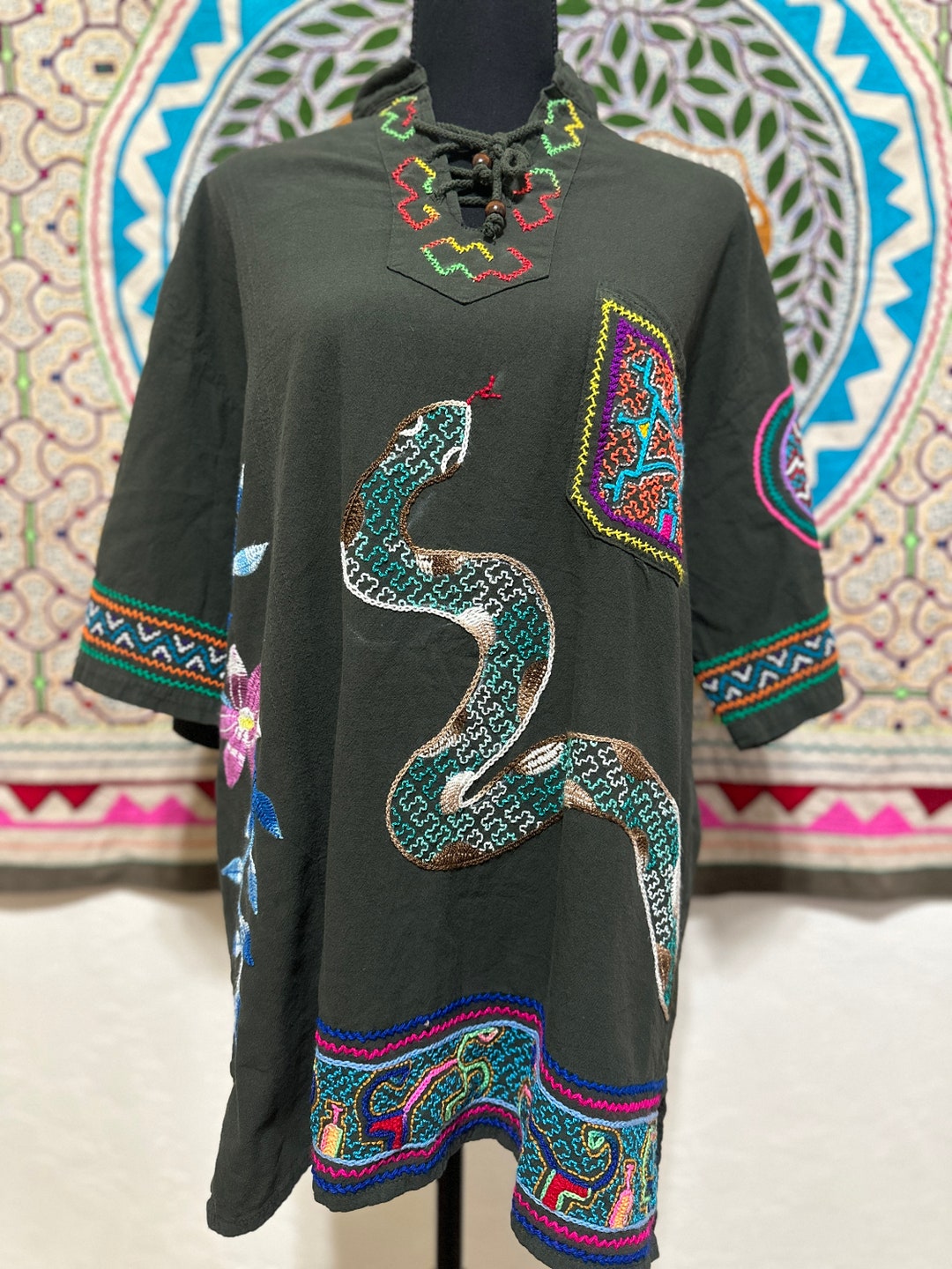 Dark Green Traditional Handmade Shipibo Medicine Shirt With Colorful ...