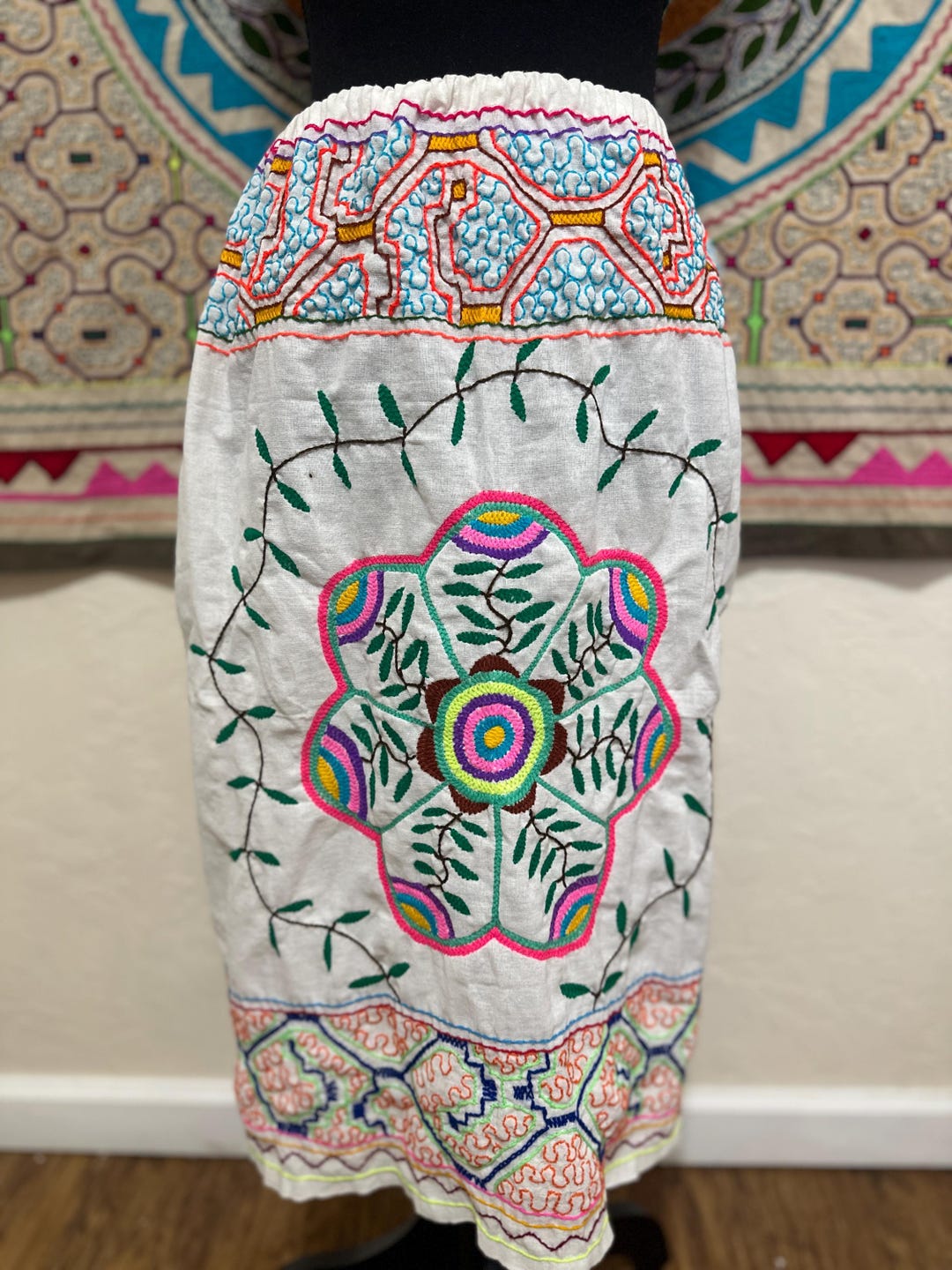 White Authentic Shipibo Medicine Skirt With Colorful Ikaros and Master ...