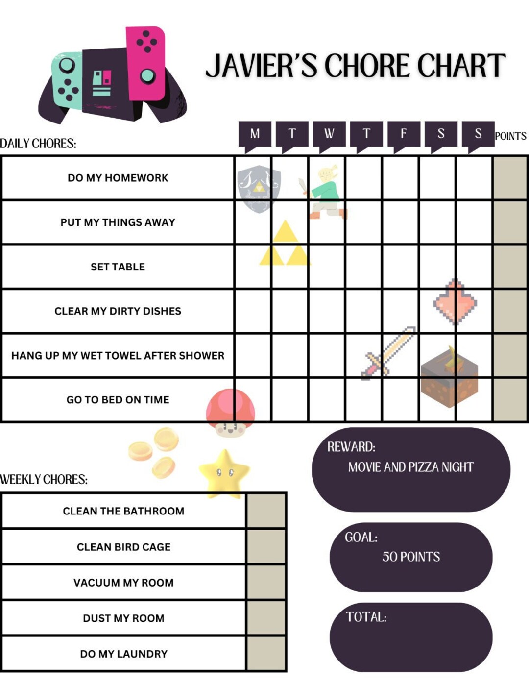 Editable Template Chore Chart Reward Chart Gamer Theme - Etsy