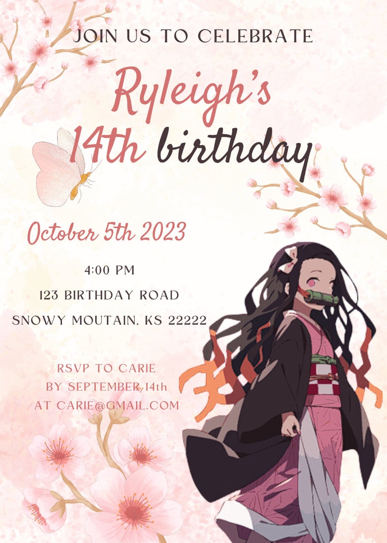Demon Slayer Nezuko Birthday Invitation Instant Digital - Etsy