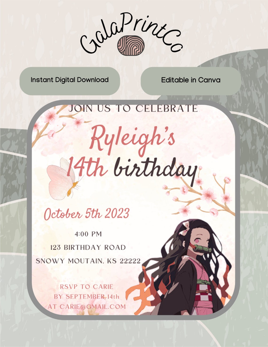 Demon Slayer Nezuko Birthday Invitation Instant Digital - Etsy