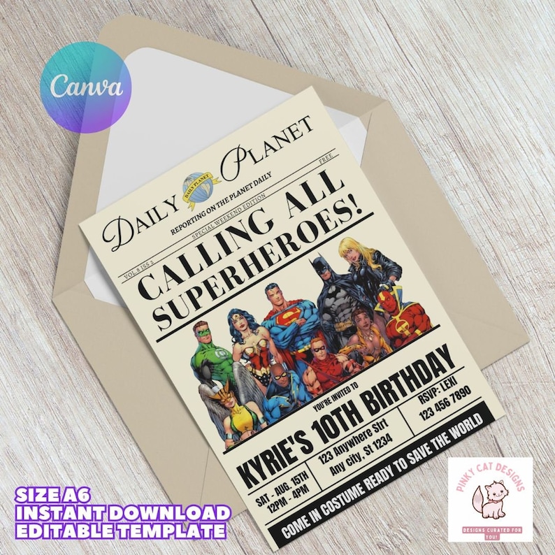 DC Comics Superhero Birthday Invitation: Editable Canva Template ...