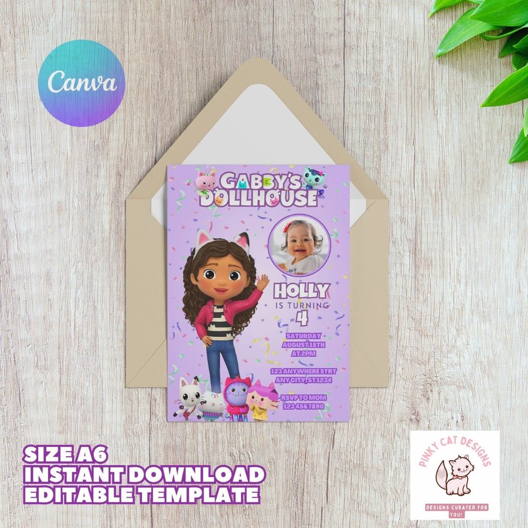 Editable Gabby Dollhouse Birthday Invitation, Gabby Dollhouse , Girl ...