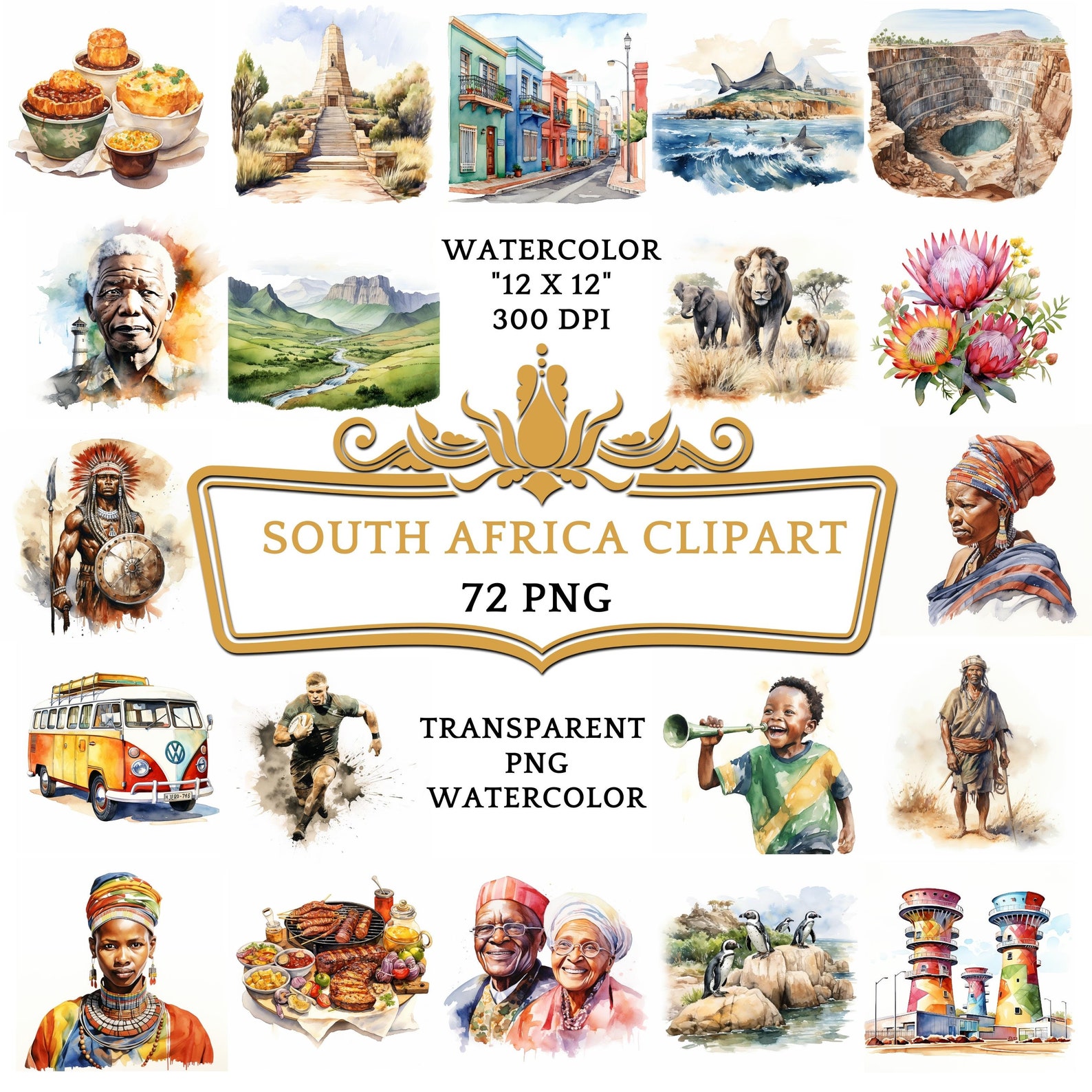 72 watercolor South Africa PNG Clipart Bundle, South African Safari ...