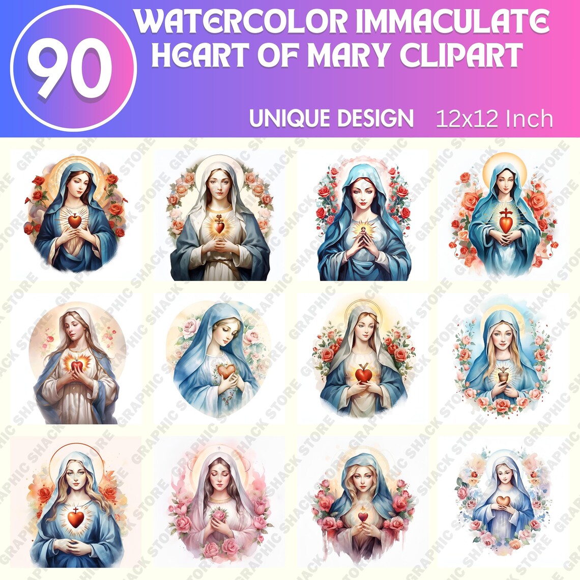 90 Watercolor Immaculate Heart of Mary Clipart Bundle, Religious ...