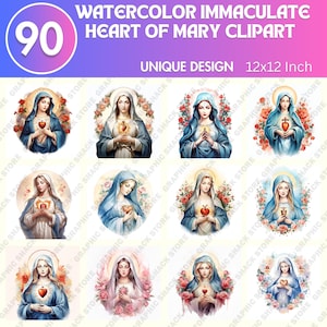 90 Watercolor Immaculate Heart of Mary Clipart Bundle, Religious ...