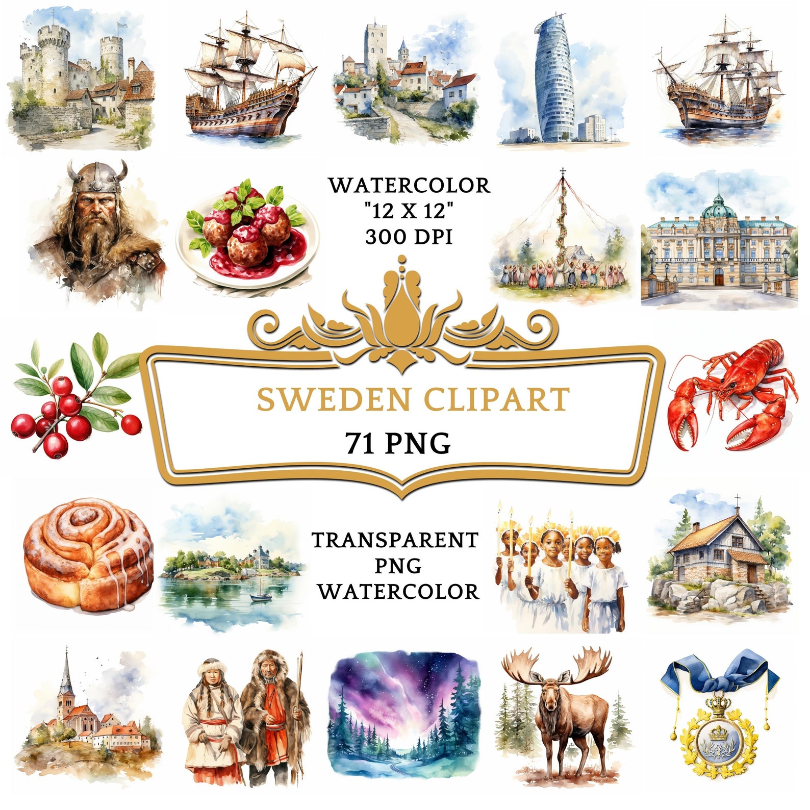 71 Watercolor Sweden PNG Clipart Bundle, Swedish Summer Travel Clip Art ...