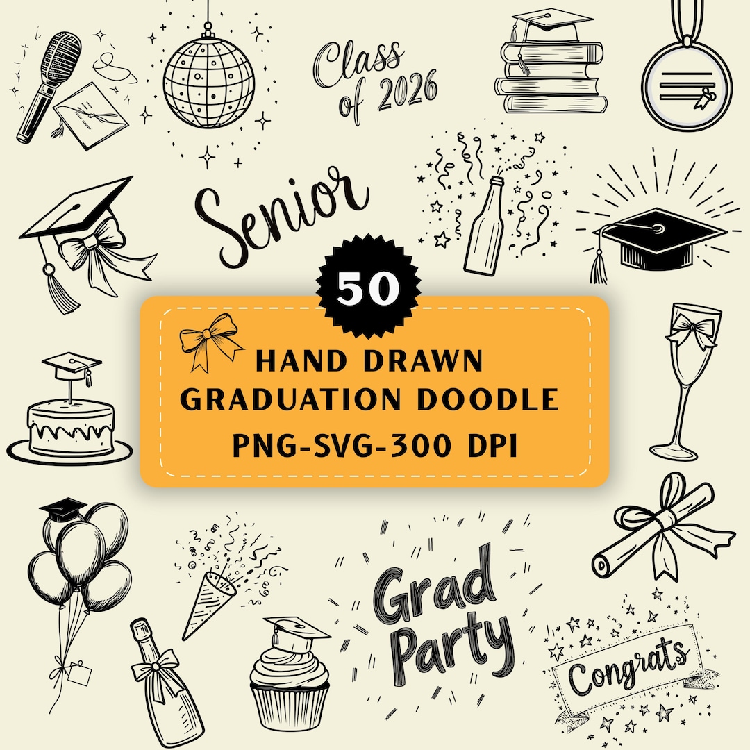 50+ Doodle Graduation Clipart Bundle, Hand Drawn Style Graduation Cap ...