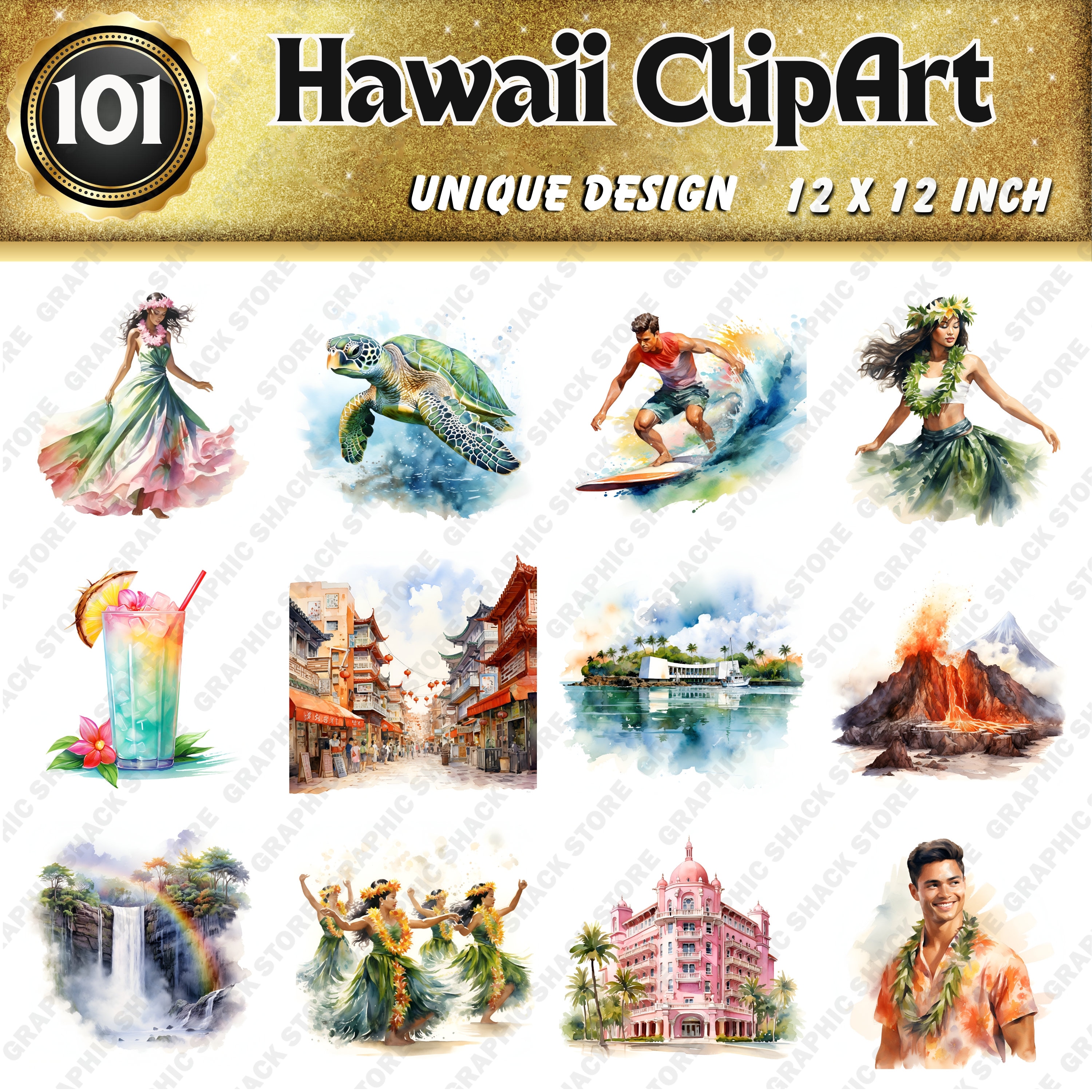 101 Watercolor Hawaii Clipart, Printable USA PNG Images, Travel ...