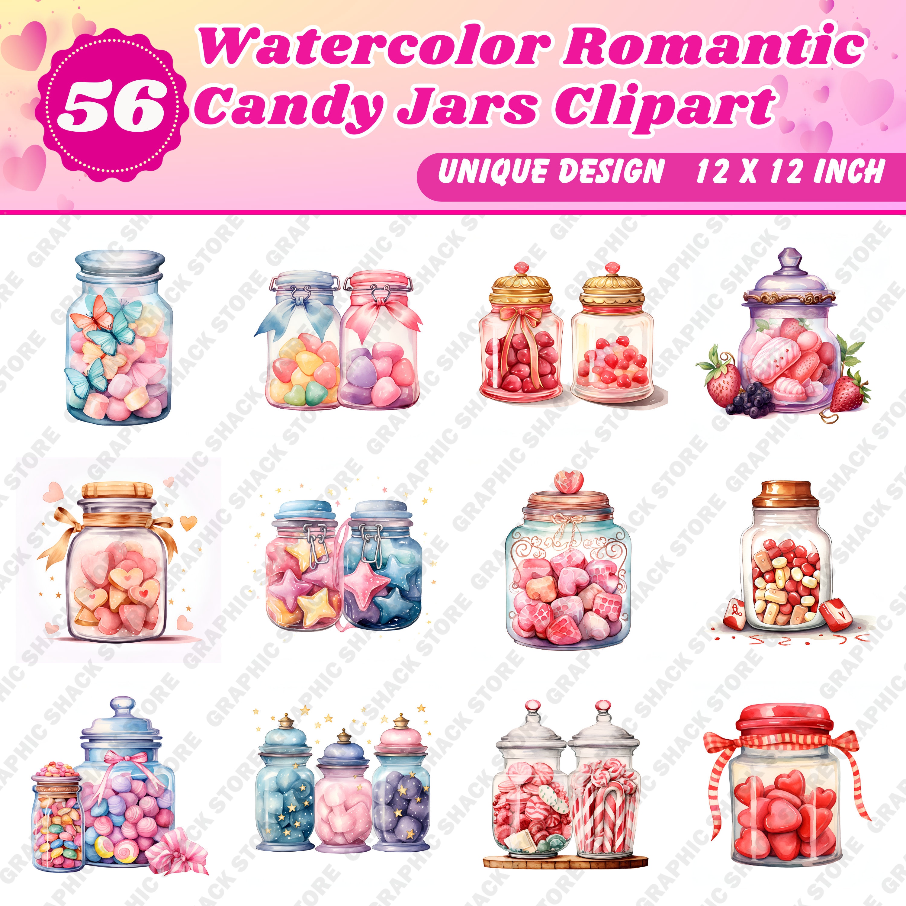 56 Watercolor Romantic Candy Jars Clipart, Valentine's Charming Glass ...