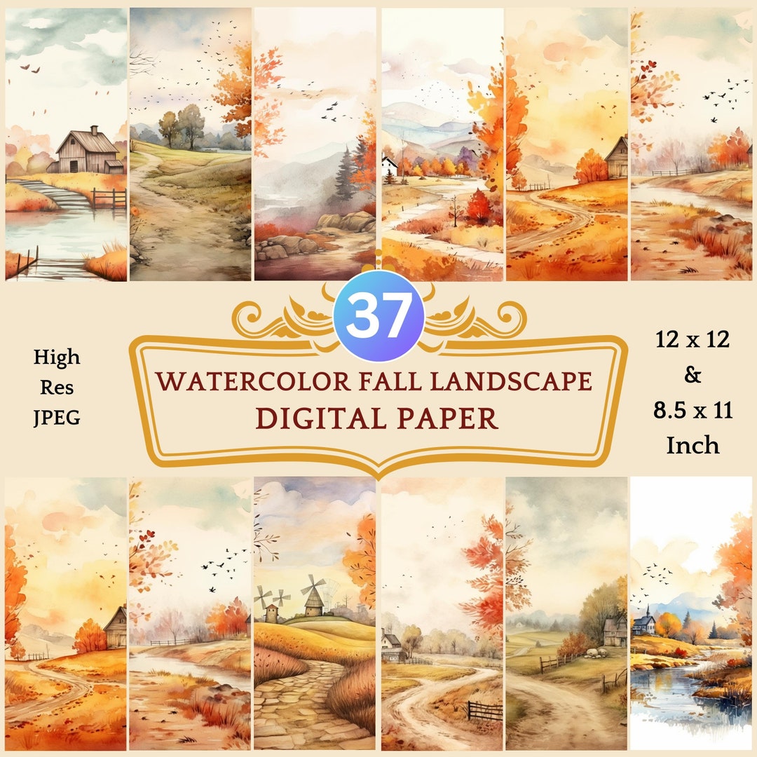 37 Watercolor Fall Landscape Digital Paper | Floral Autumn Watercolor ...