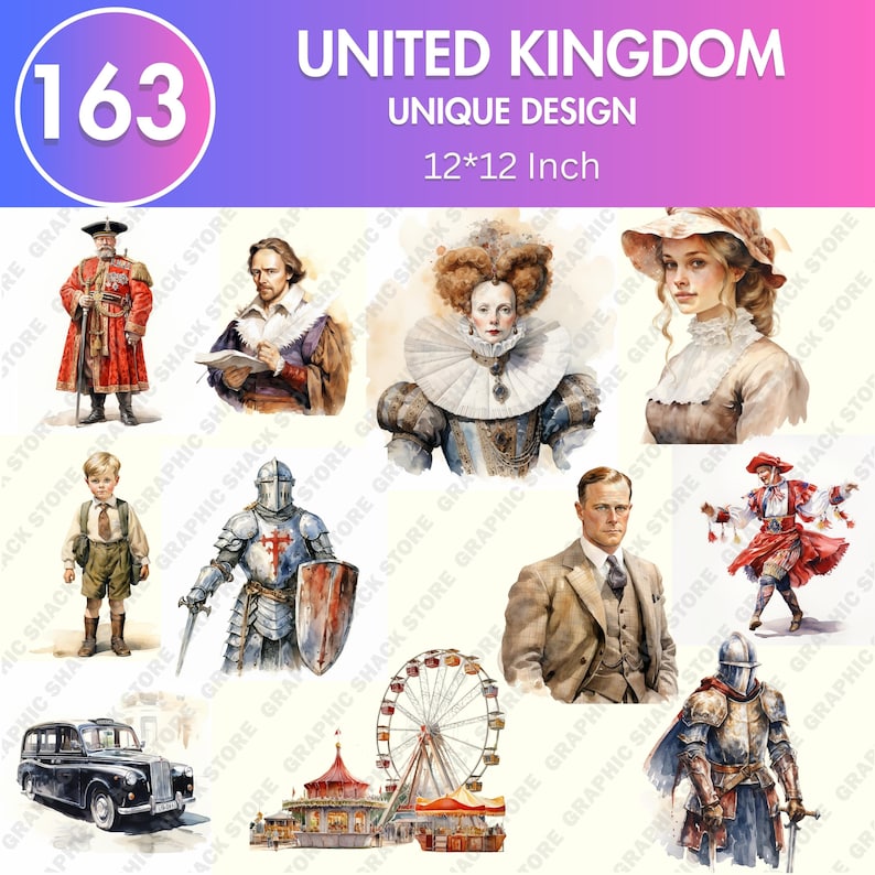 163 Watercolor United Kingdom PNG Clipart Bundle, UK Summer Travel ...
