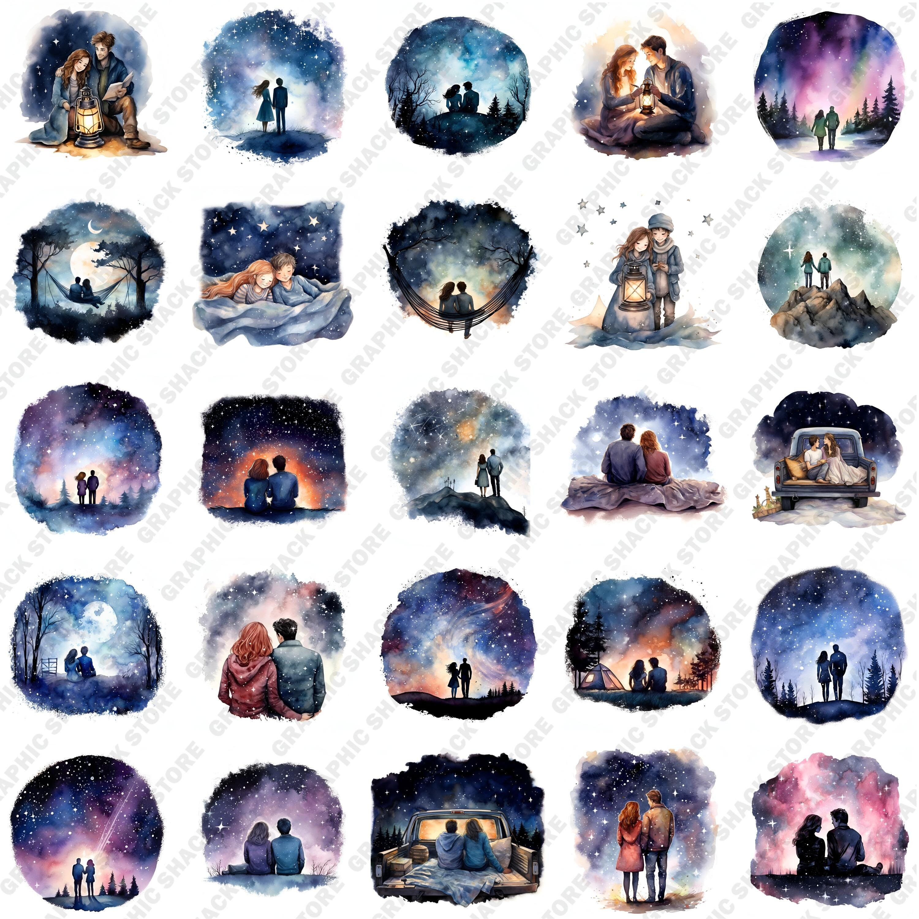 60 Watercolor Couples Stargazing Clipart, Celestial Romance: Dreamy ...