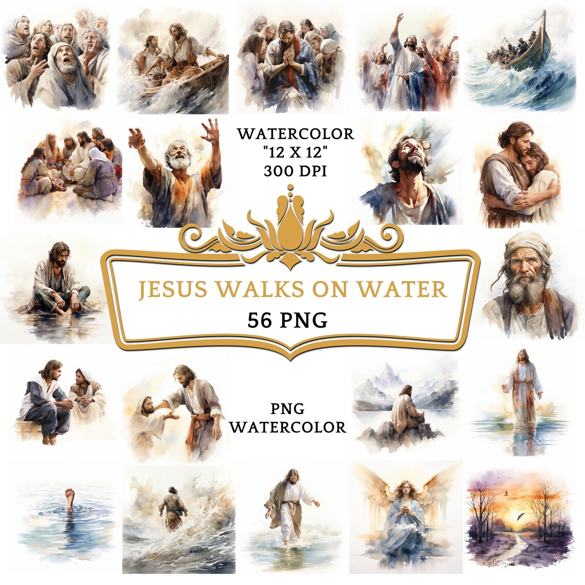 56 PNG Watercolor Jesus Walks on Water Clipart | Christian Religious ...