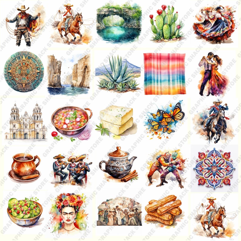 81 watercolor Mexico PNG Clipart Bundle, Mexico Travel Clipart ...